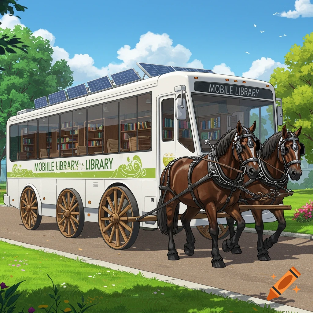 Horse-drawn mobile library van with solar panels and books inside ...