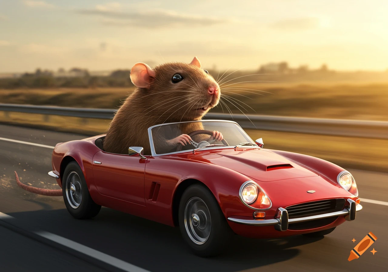 A large rat drives a red sports car down a highway at sunset. on Craiyon