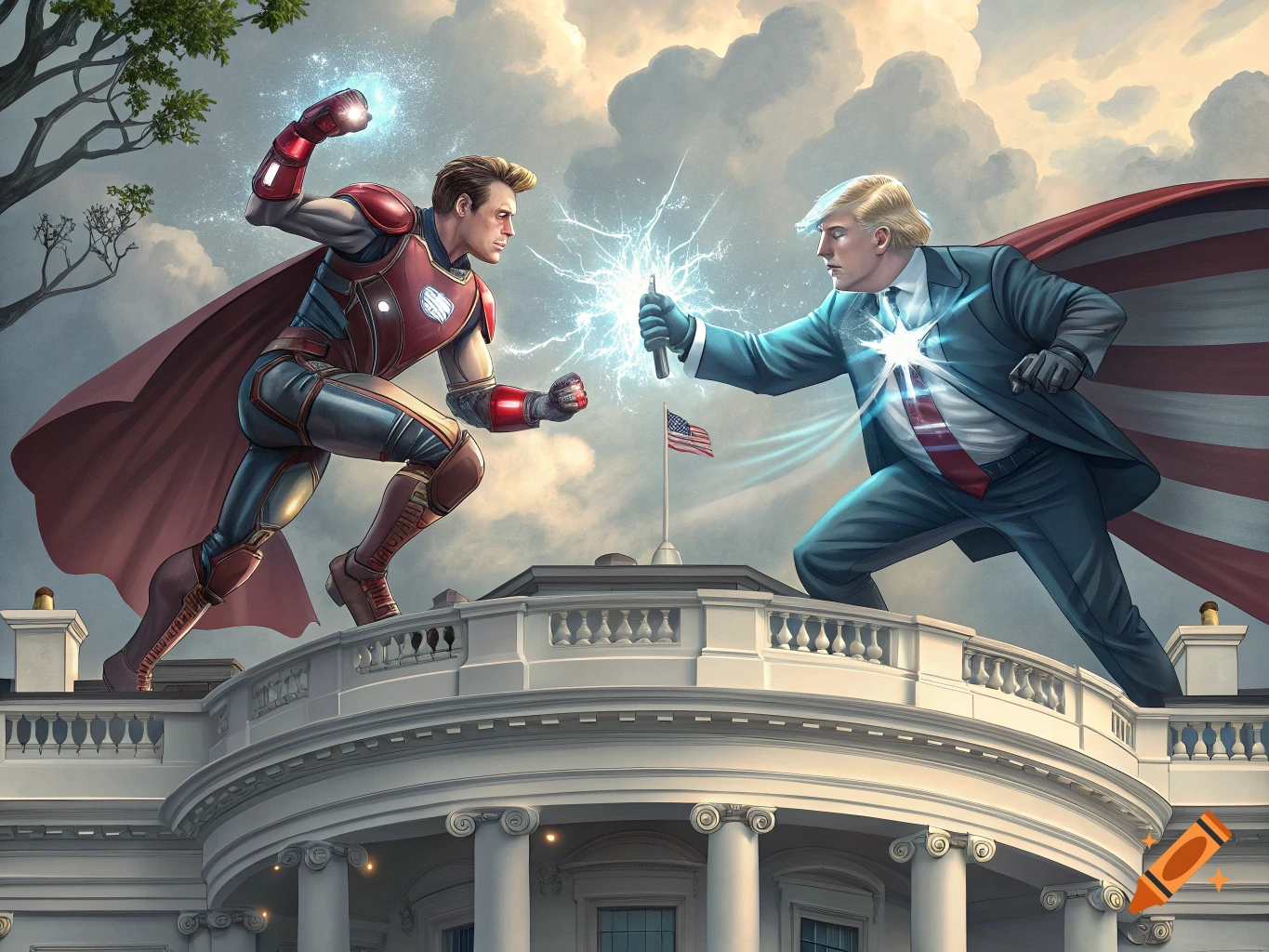 Digital illustration of two figures resembling Elon Musk and Donald ...
