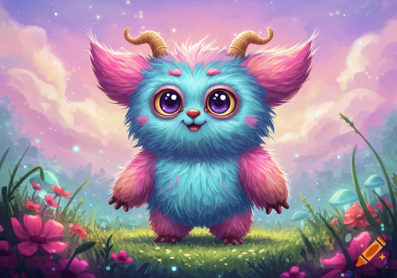 Cute fluffy blue and pink monster in a whimsical fantasy field. on Craiyon