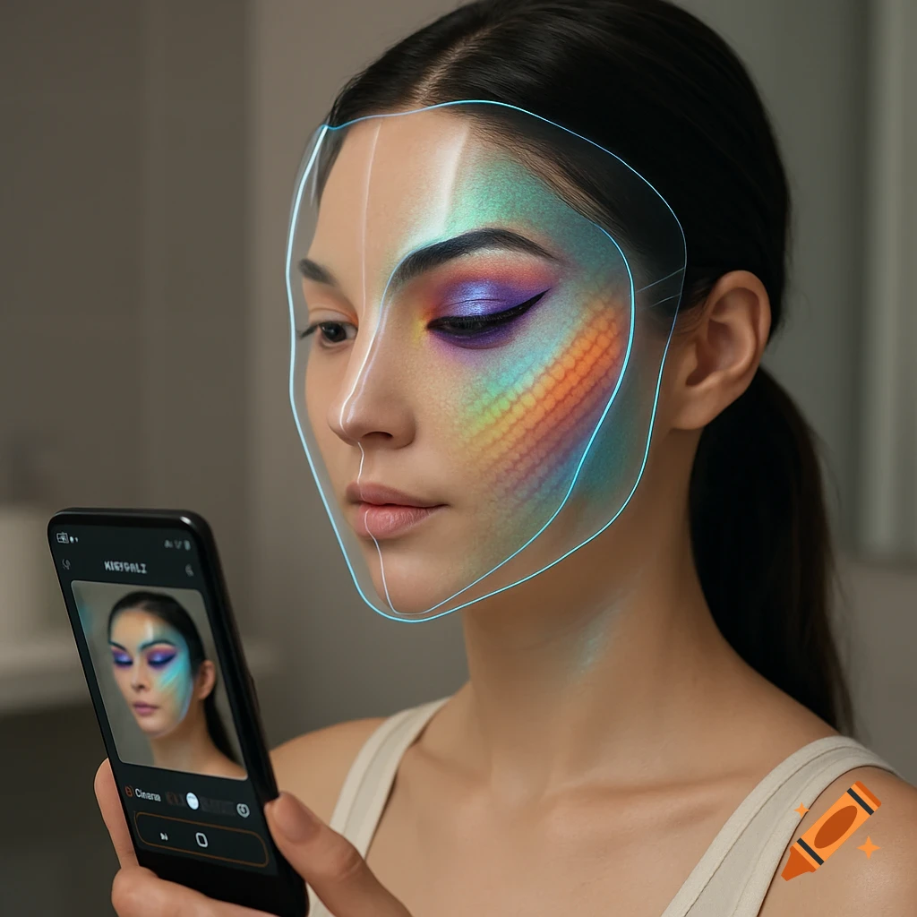 Woman with futuristic transparent mask displaying colorful makeup ...