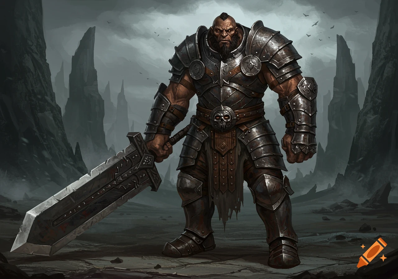 A large armored goliath warrior stands in a rocky landscape, holding a ...