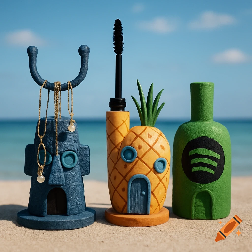 Objects shaped like Spongebob houses, a jewelry hanger, mascara bottle ...