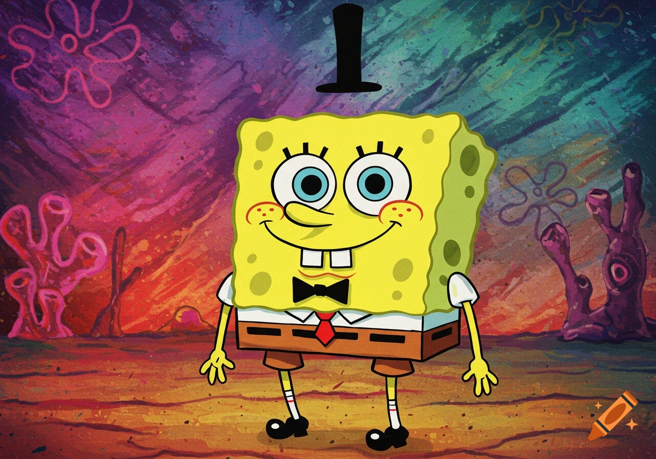 Spongebob Squarepants wearing a top hat and bow tie in a colorful ...