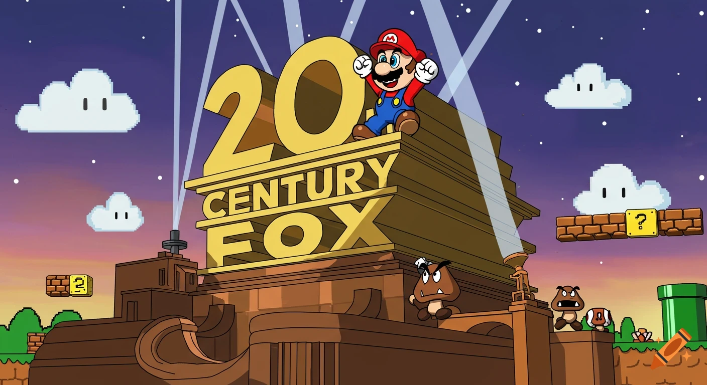 Cartoon of Mario and Goombas on a 20th Century Fox logo with Super ...