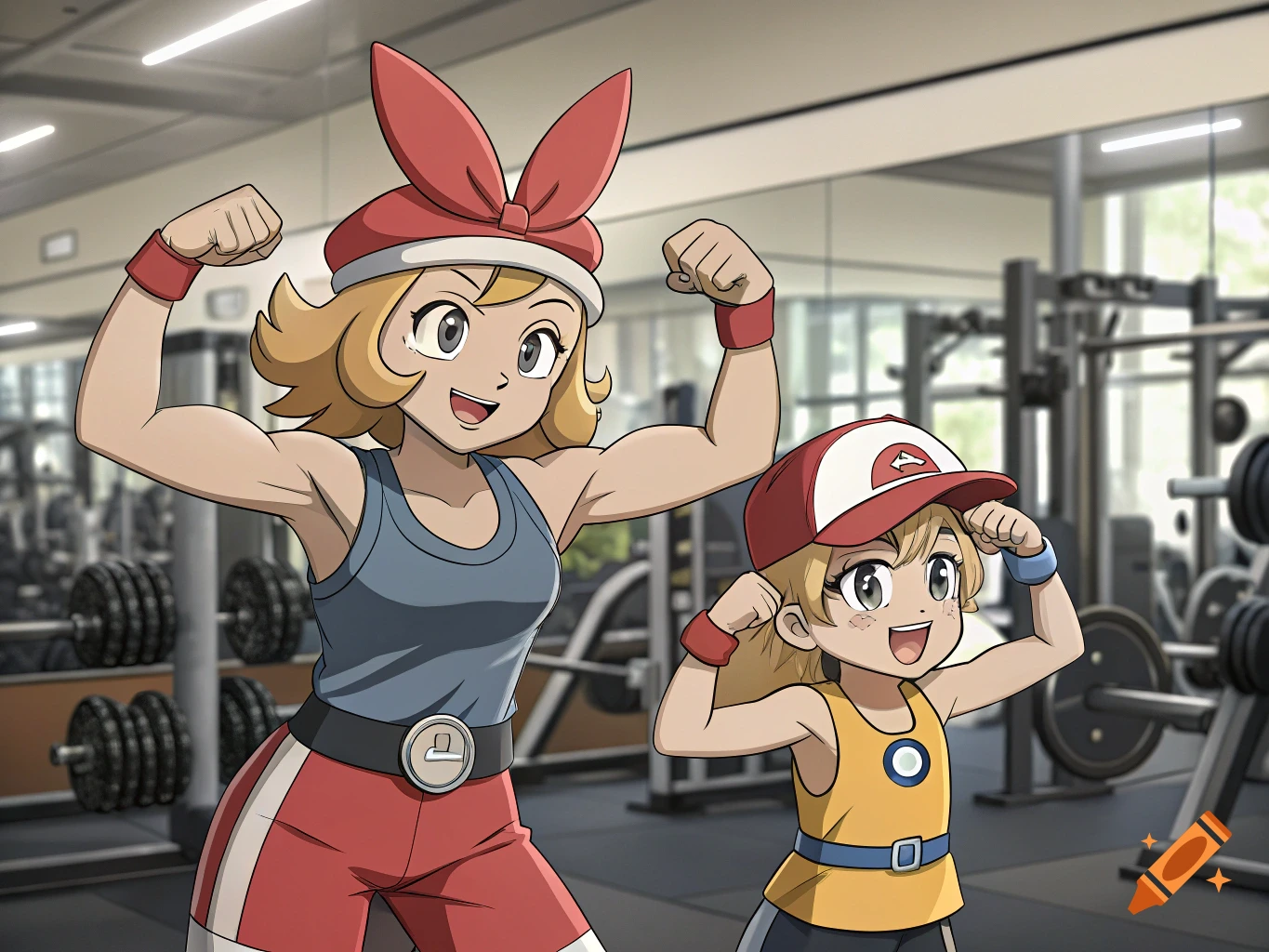 Two anime characters flexing muscles in a gym. on Craiyon