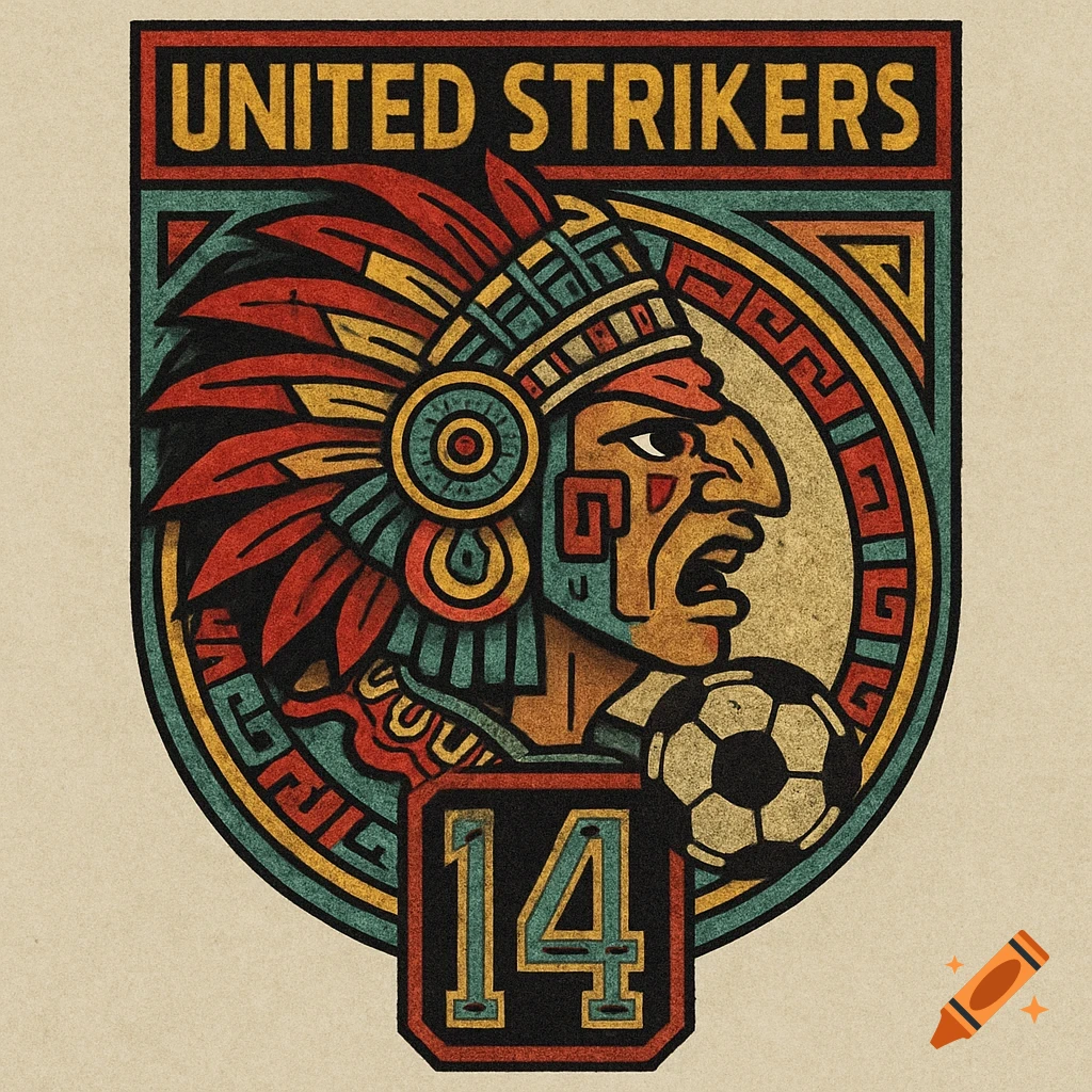 Aztec inspired logo featuring a warrior head with a feathered headdress ...