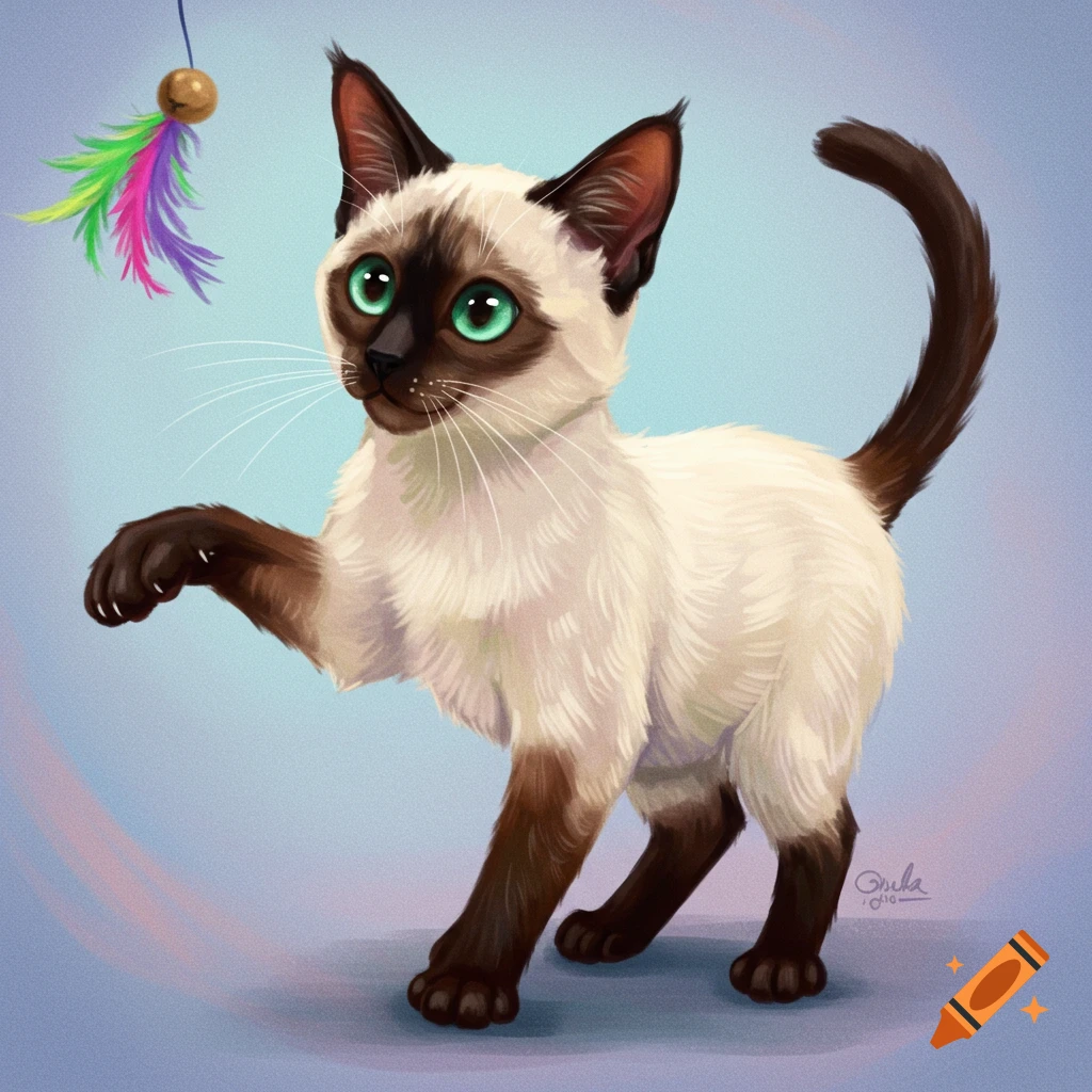 Illustration of a Siamese cat playing with a feather toy. on Craiyon