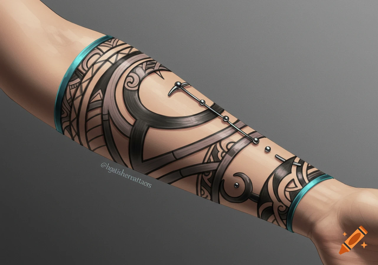 A forearm with a detailed black tattoo and a metal piercing through the ...