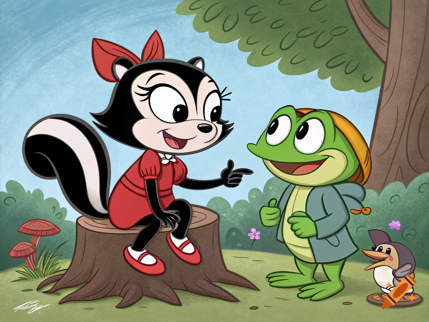 Cartoon skunk and frog characters talking in a forest. on Craiyon