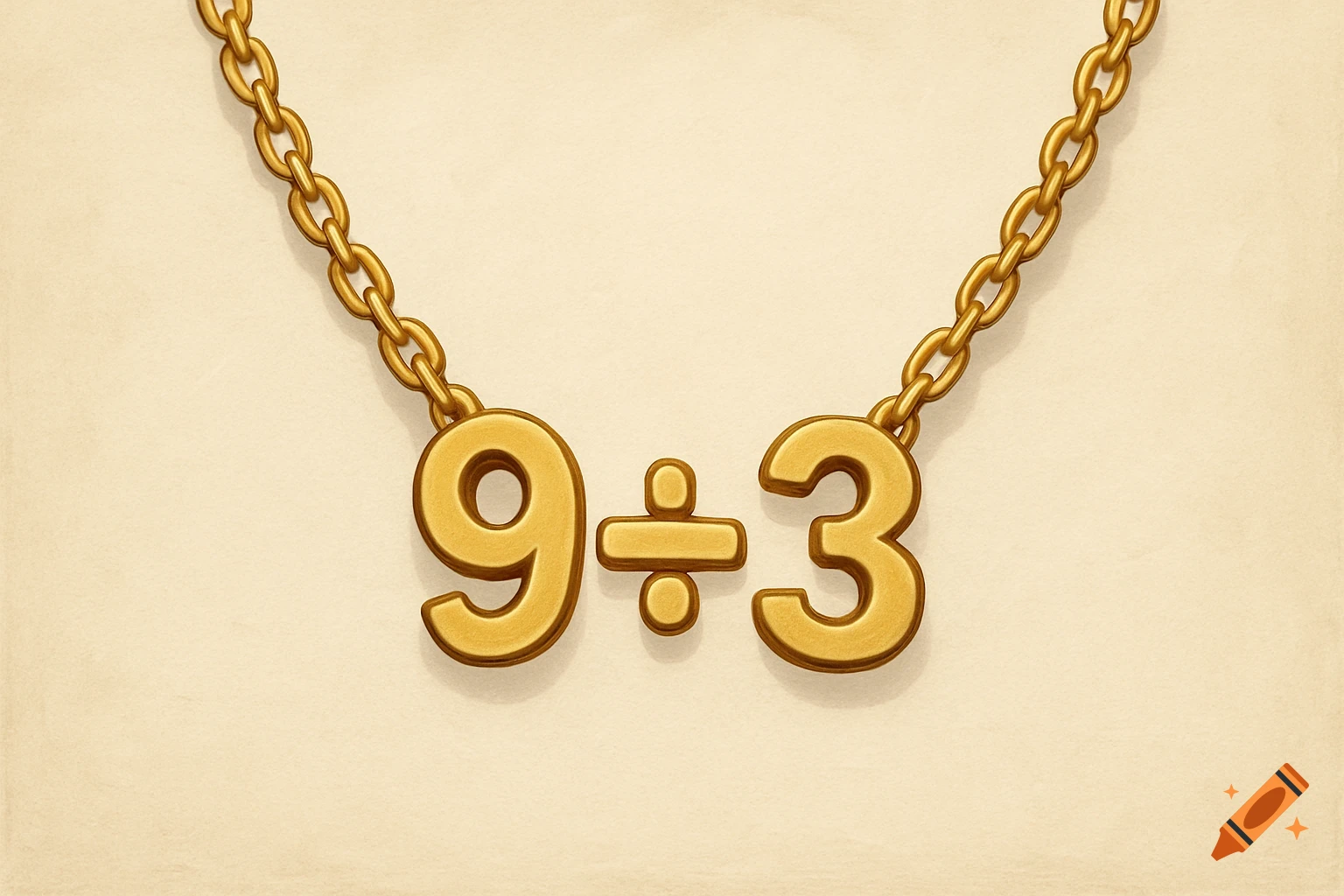 A gold necklace with a pendant shaped like the expression '9 ÷ 3' on ...
