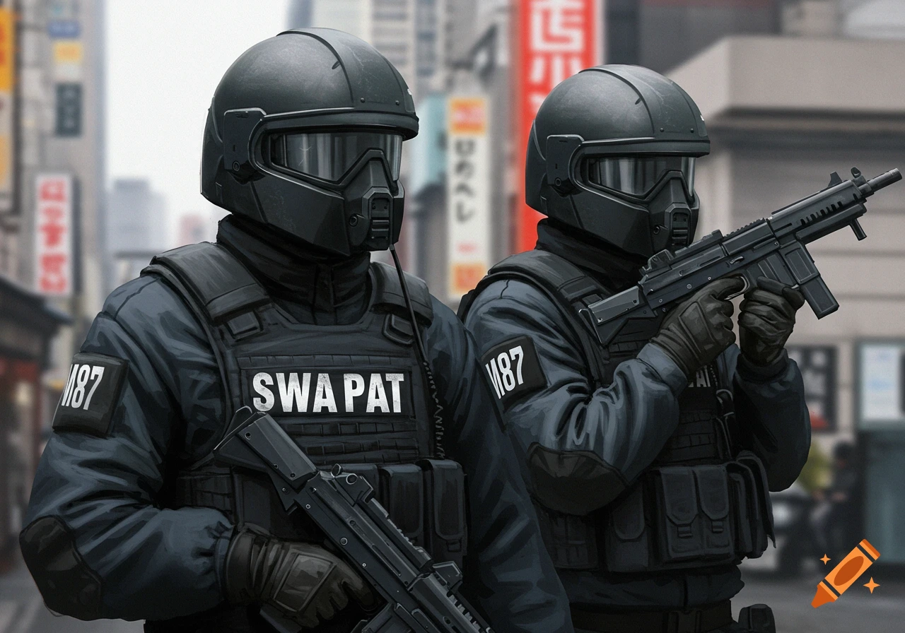 Illustration of two SWAT officers in tactical gear with weapons in an ...