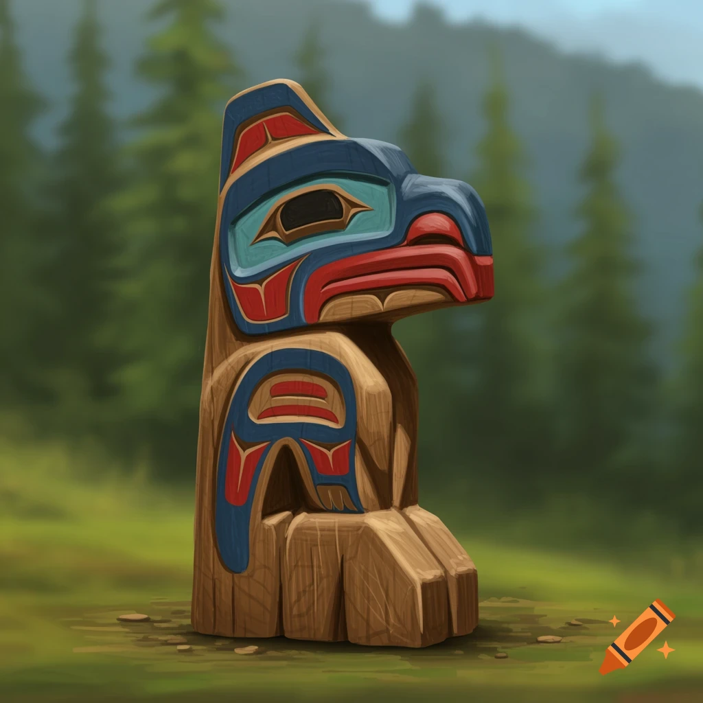 A traditional Northwest Native American totem pole carving in a forest ...