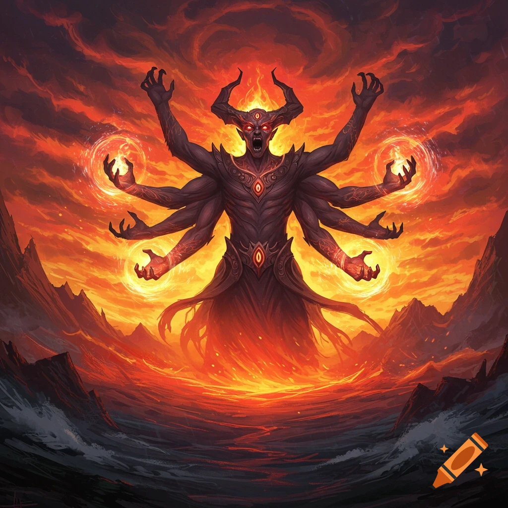 A multi-armed demonic creature stands in a fiery landscape. on Craiyon