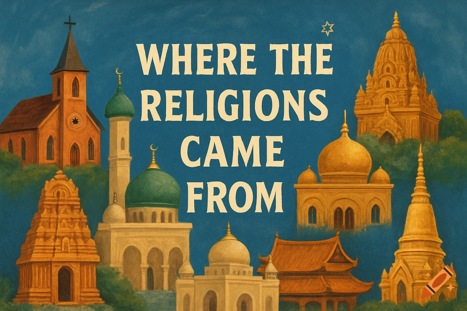 Illustration of various religious buildings surrounding the title text ...