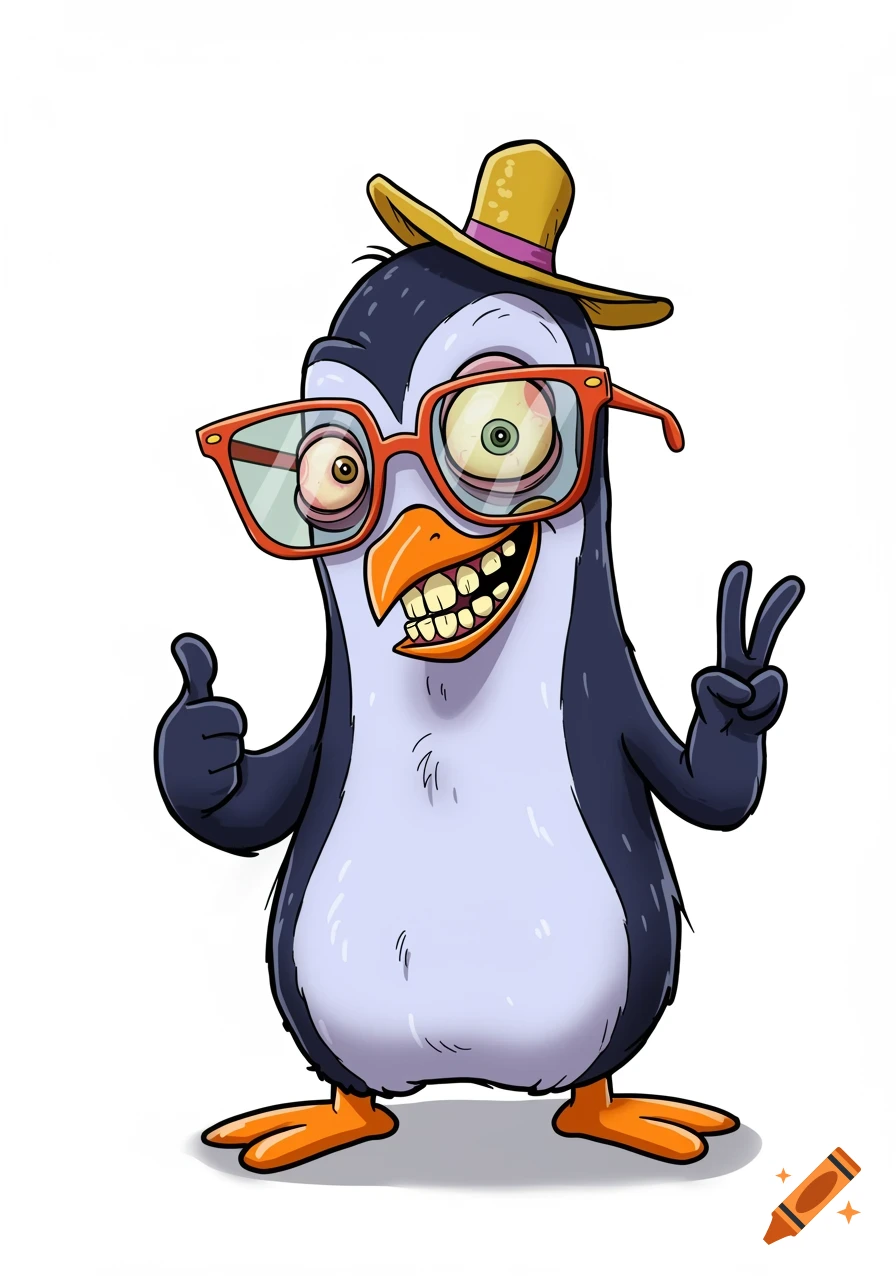 Goofy cartoon penguin with glasses and hat giving thumbs up and peace ...