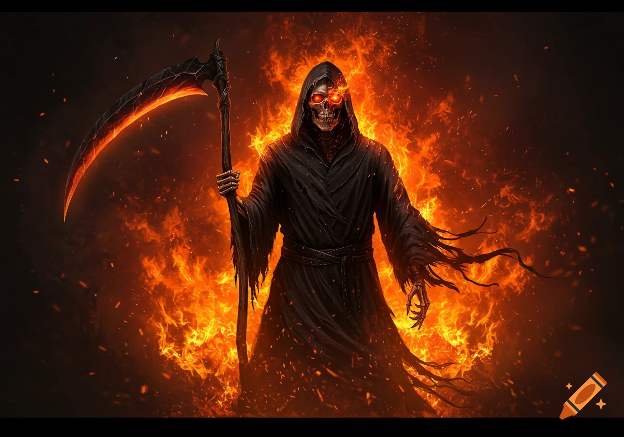 Grim Reaper with flaming scythe stands in fire on Craiyon