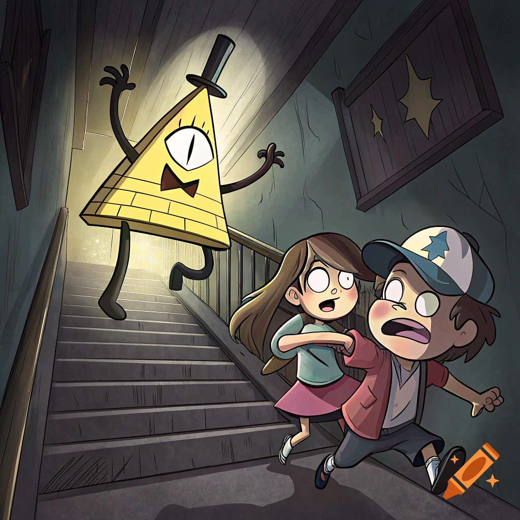 Cartoon triangular character with top hat chasing a boy and girl down ...