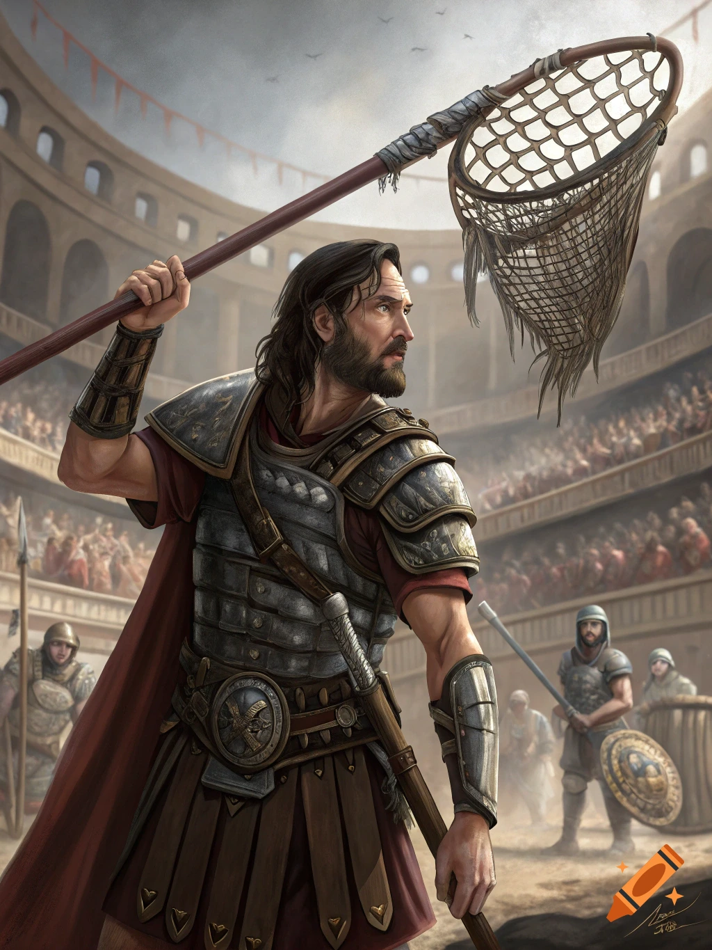 Roman gladiator in armor holding a net in a crowded arena on Craiyon