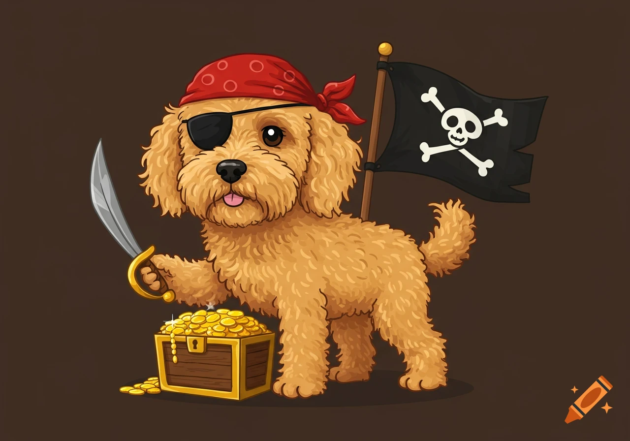 Cartoon golden doodle dog dressed as a pirate with a sword, treasure ...