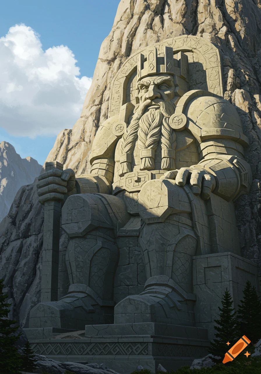 Giant stone statue of a dwarf king seated in a mountain landscape ...
