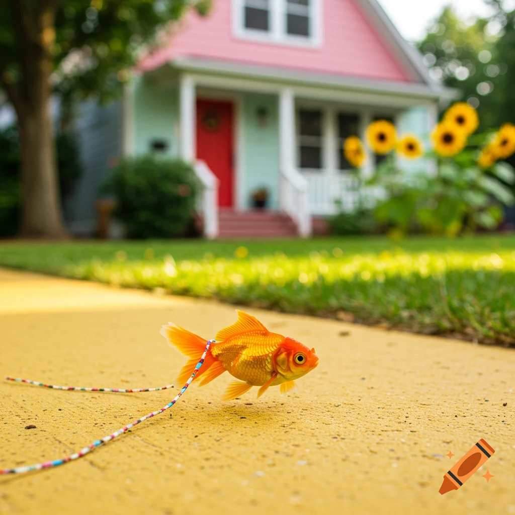 A goldfish walks on a leash on a yellow sidewalk in front of a blurred ...
