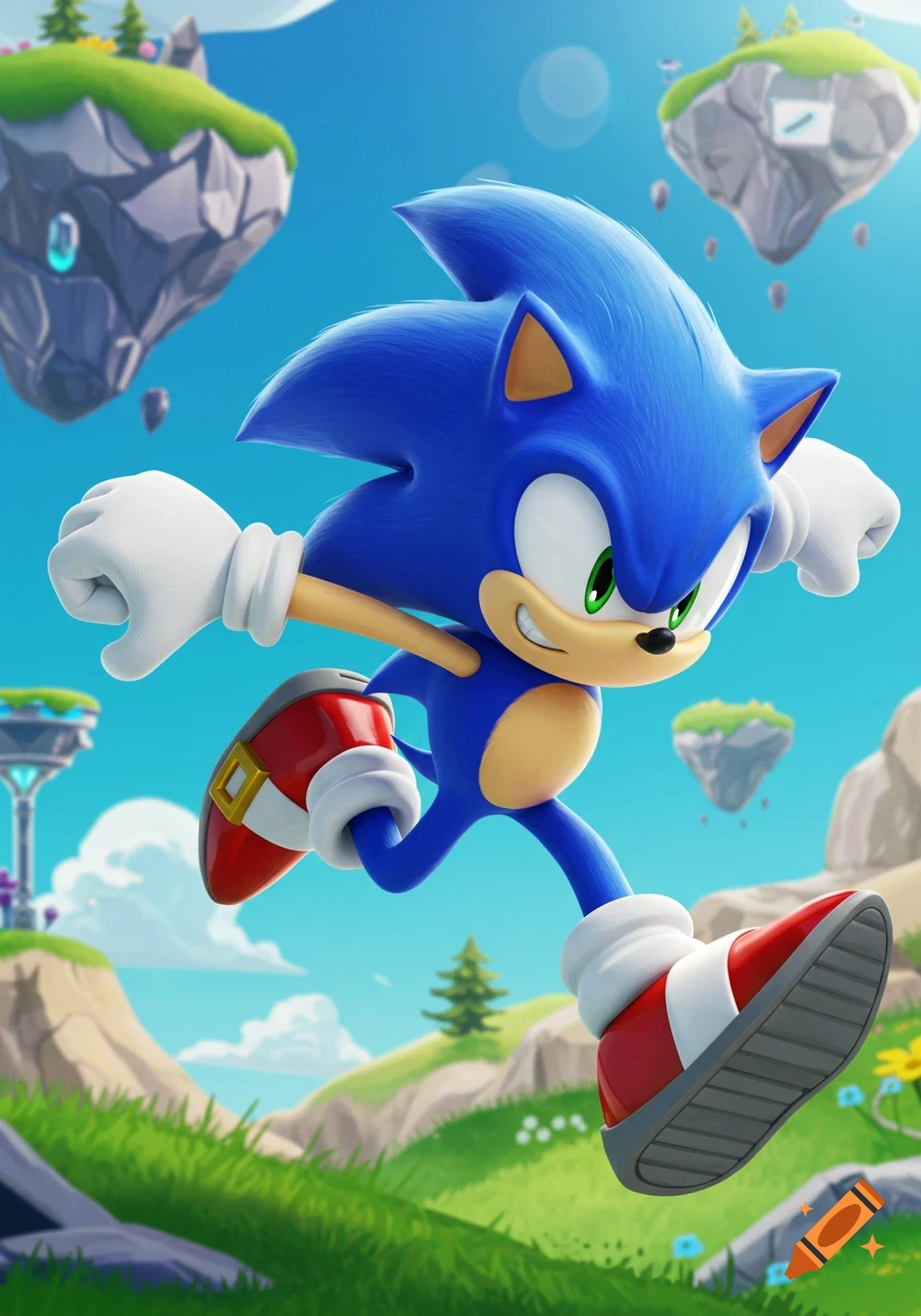 Sonic the Hedgehog running through a fantasy landscape with floating islands in a 3D style. on ...