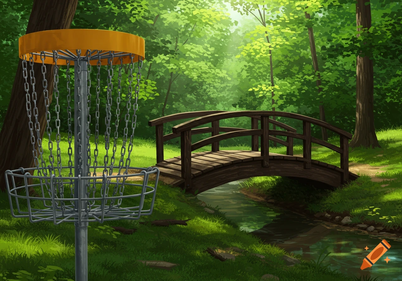 Disc golf basket in a forest with a wooden bridge over a stream ...