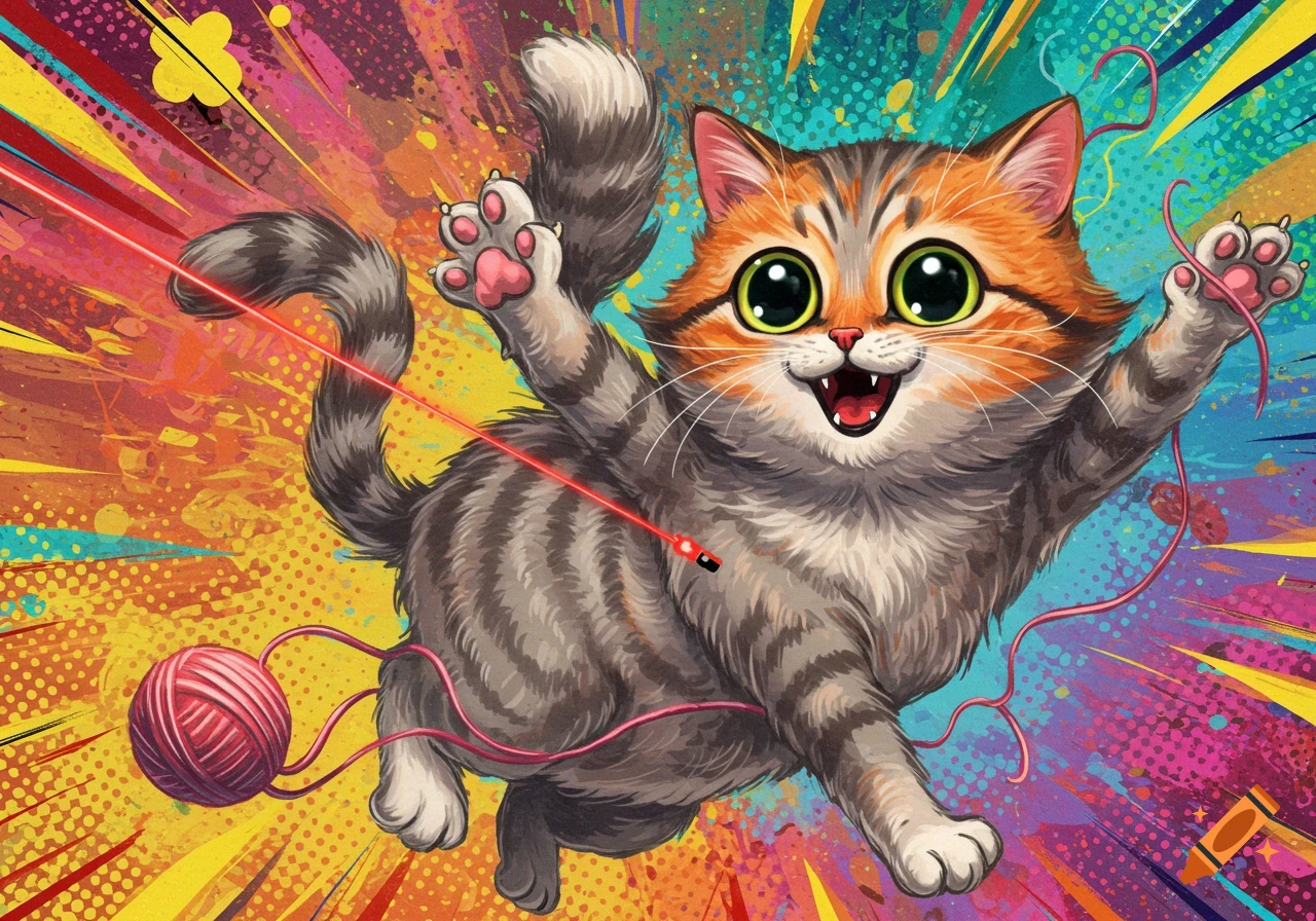 Cartoon cat leaps, eyes wide, chasing a laser beam and yarn against a ...