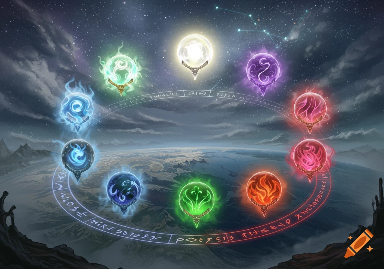 Eight colorful magical orbs float in a circle over a landscape under a ...