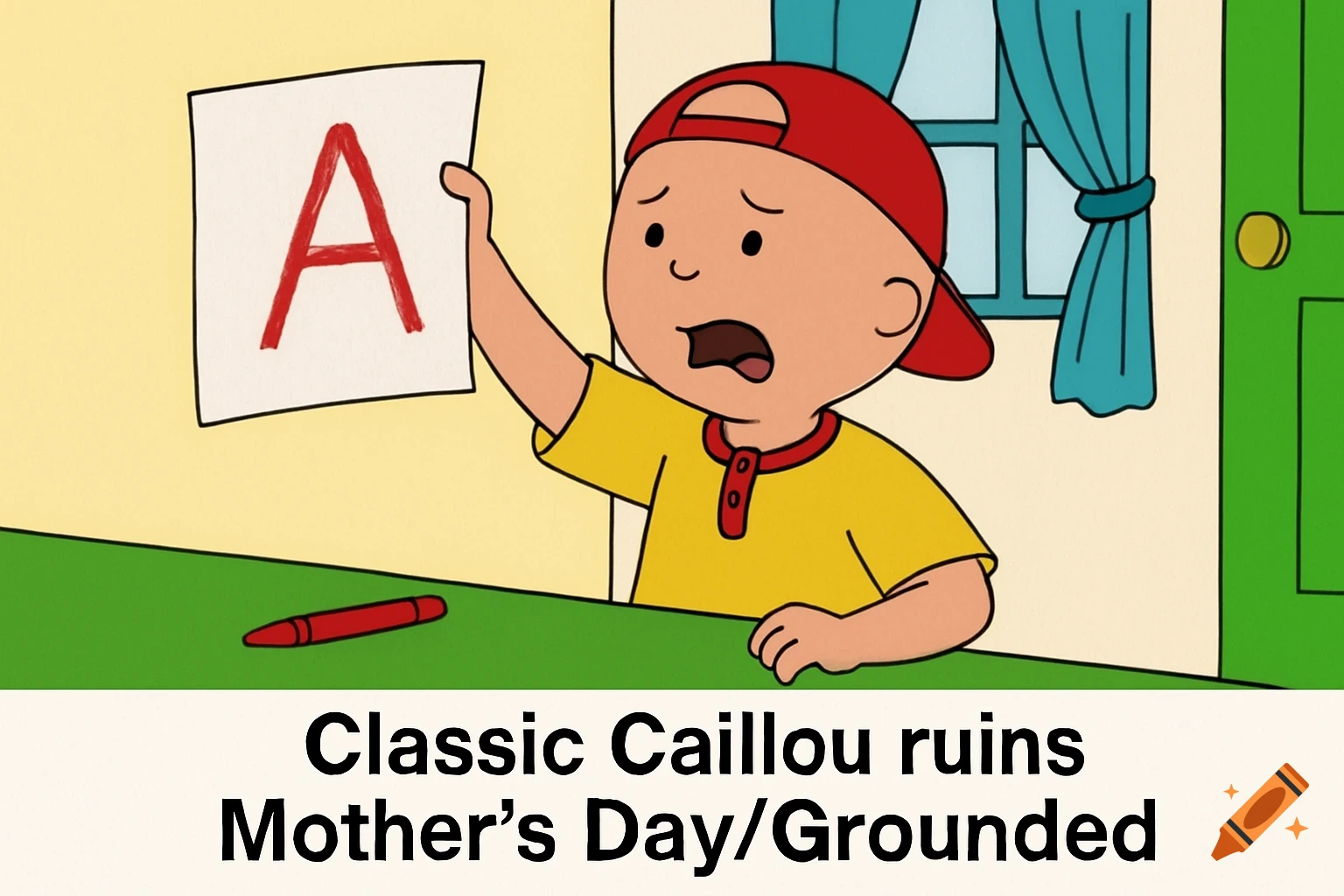 Cartoon character Caillou holds up a paper with a red letter A, text ...
