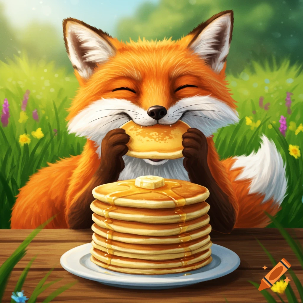 Cute cartoon fox happily eating a pancake from a stack in a grassy ...