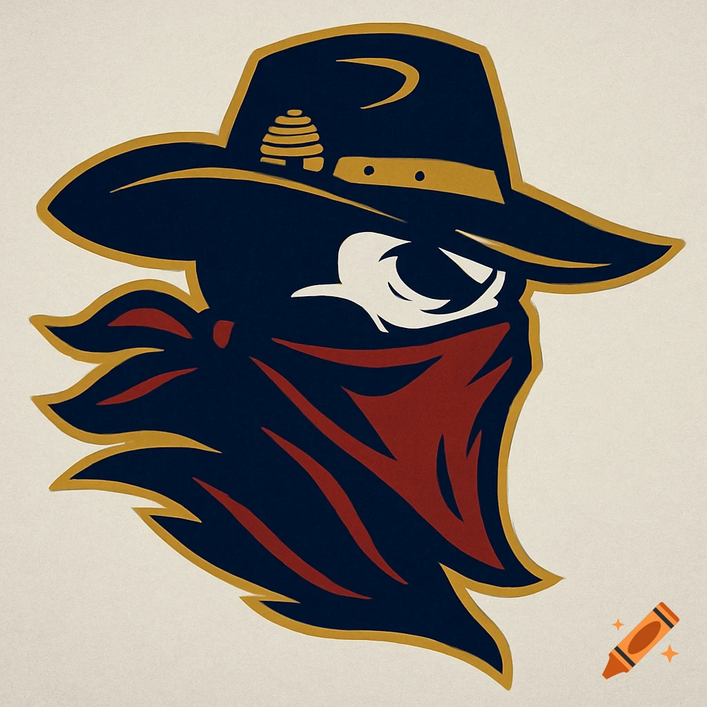 Stylized logo of an outlaw cowboy head with a bandana and beehive on ...