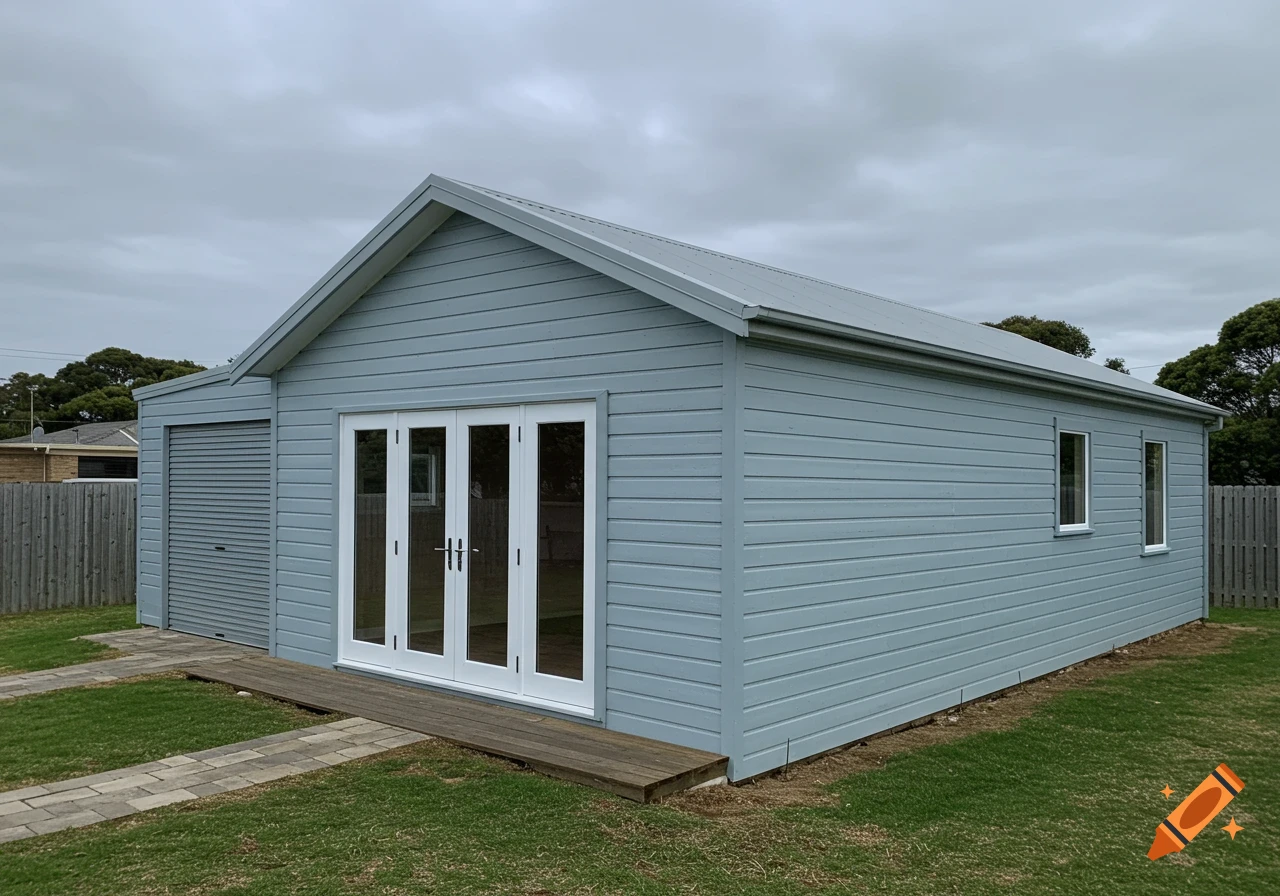 Light blue shed with a roller door, French doors, and windows in a yard ...