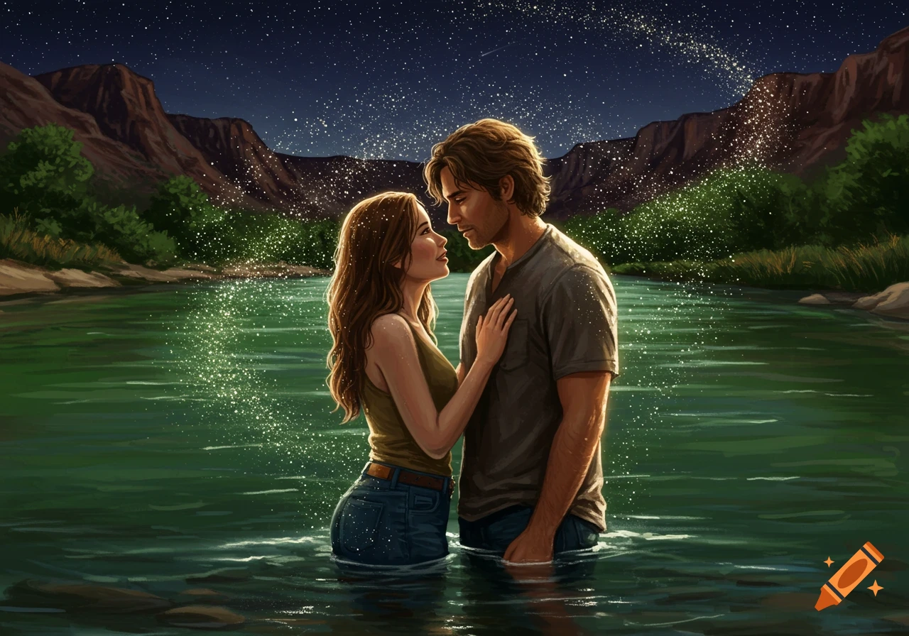A man and woman stand close together in a river at night, under a ...