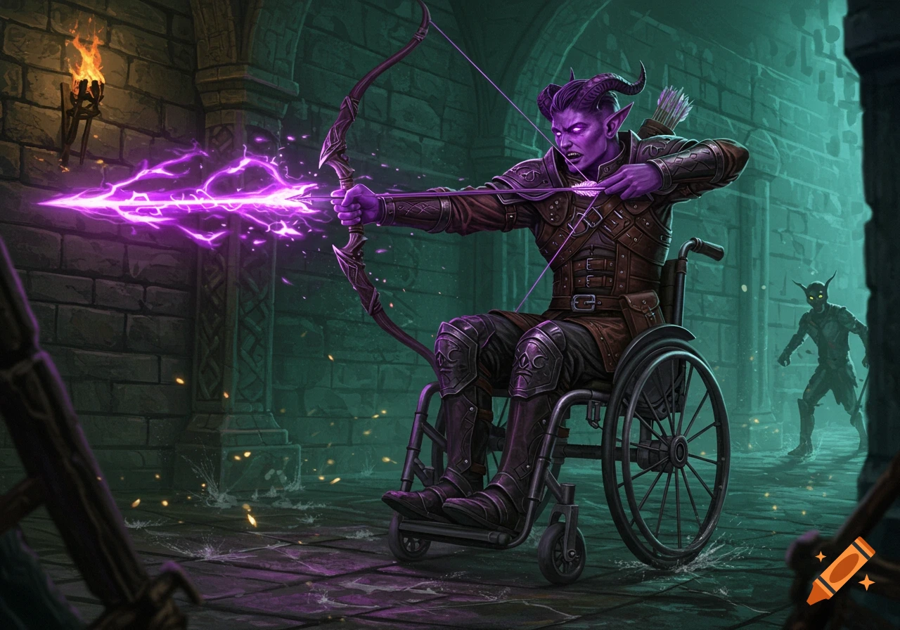 Purple Tiefling Arcane Archer in wheelchair shooting magical arrow in a ...