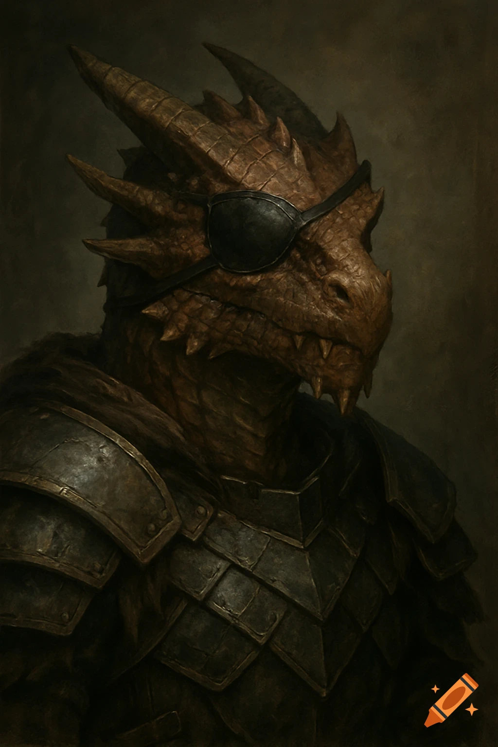 A close-up portrait of a dragonborn creature wearing metal armor and an ...