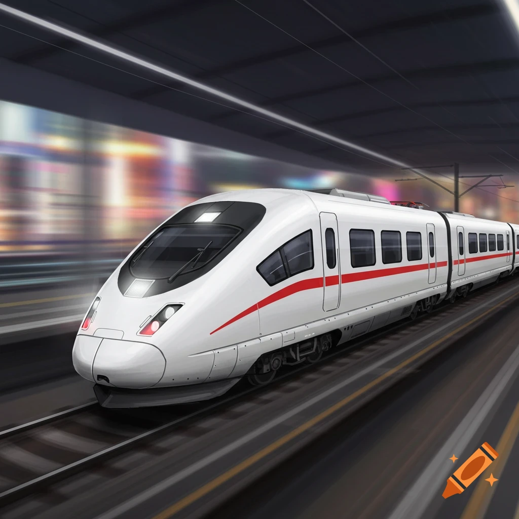 Digital illustration of a white high-speed train with a red stripe ...