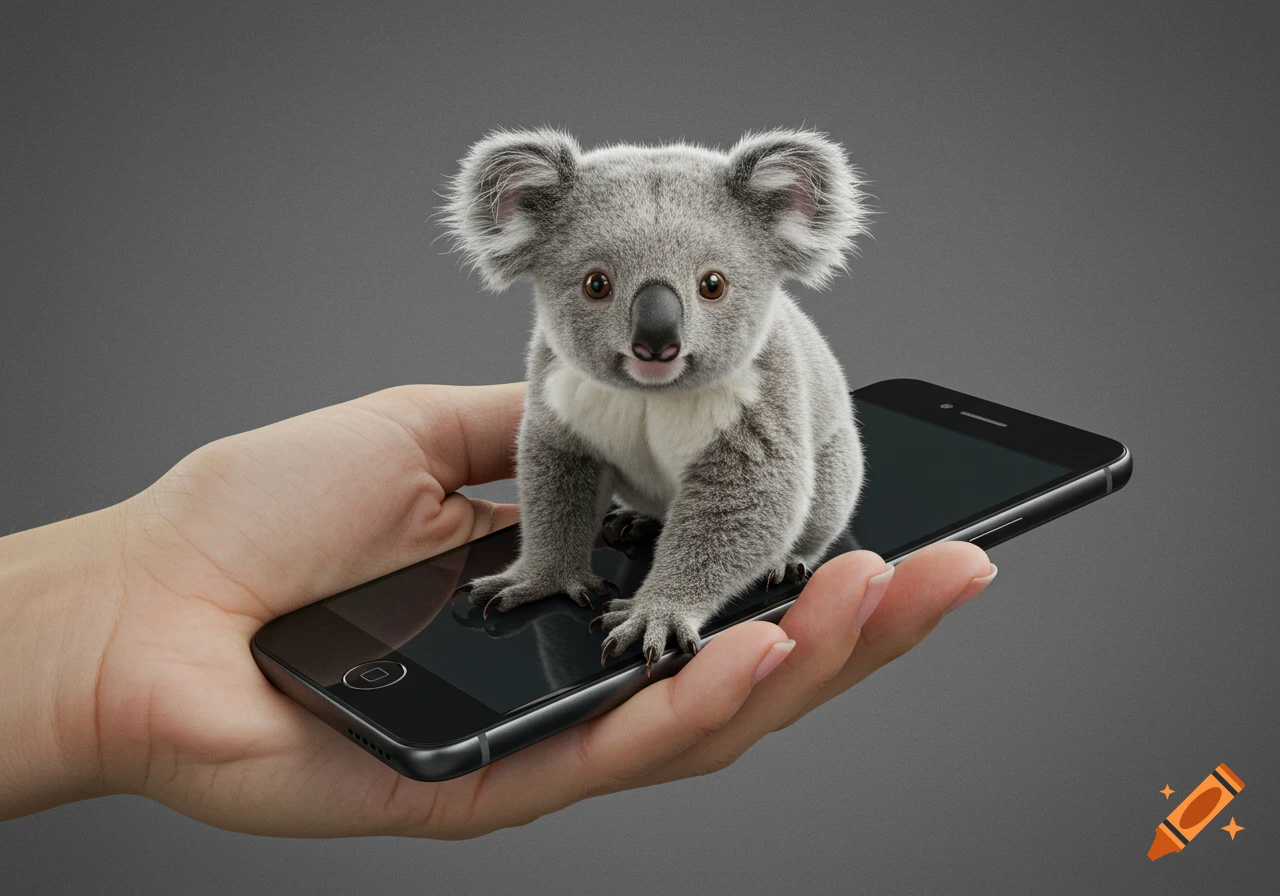 A baby koala sits on a smartphone held in a hand against a grey ...
