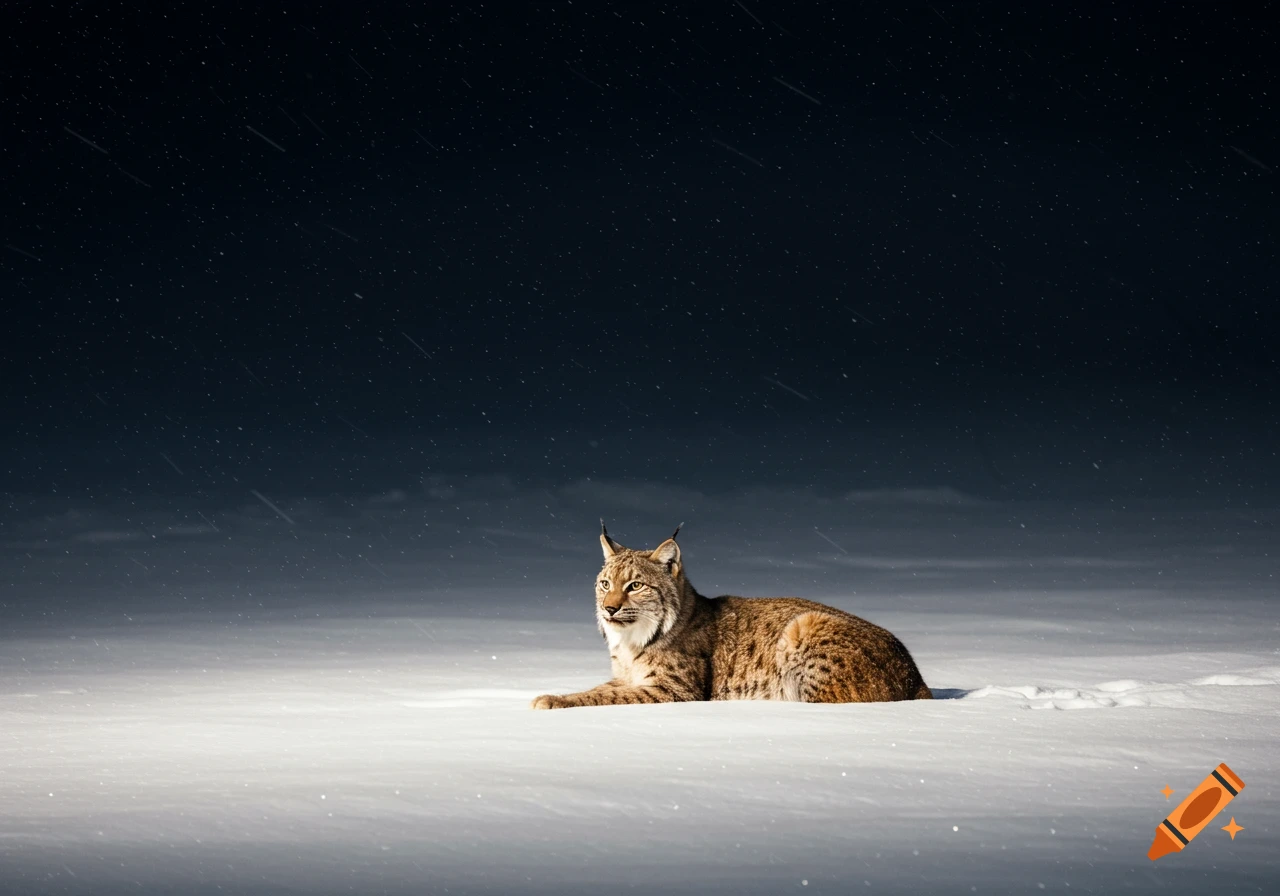 A lynx lies in deep snow at night under a starry sky. on Craiyon