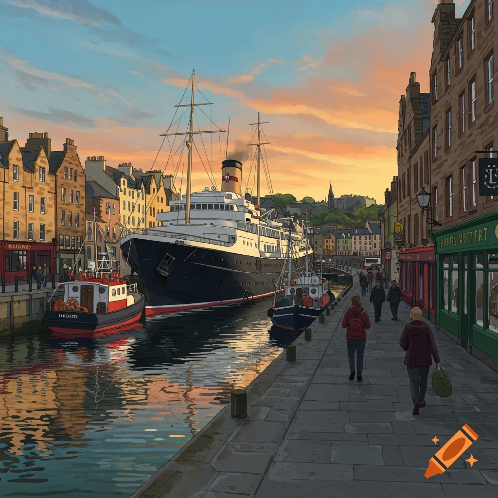 Illustration of a large ship docked in a port city waterway at sunset ...