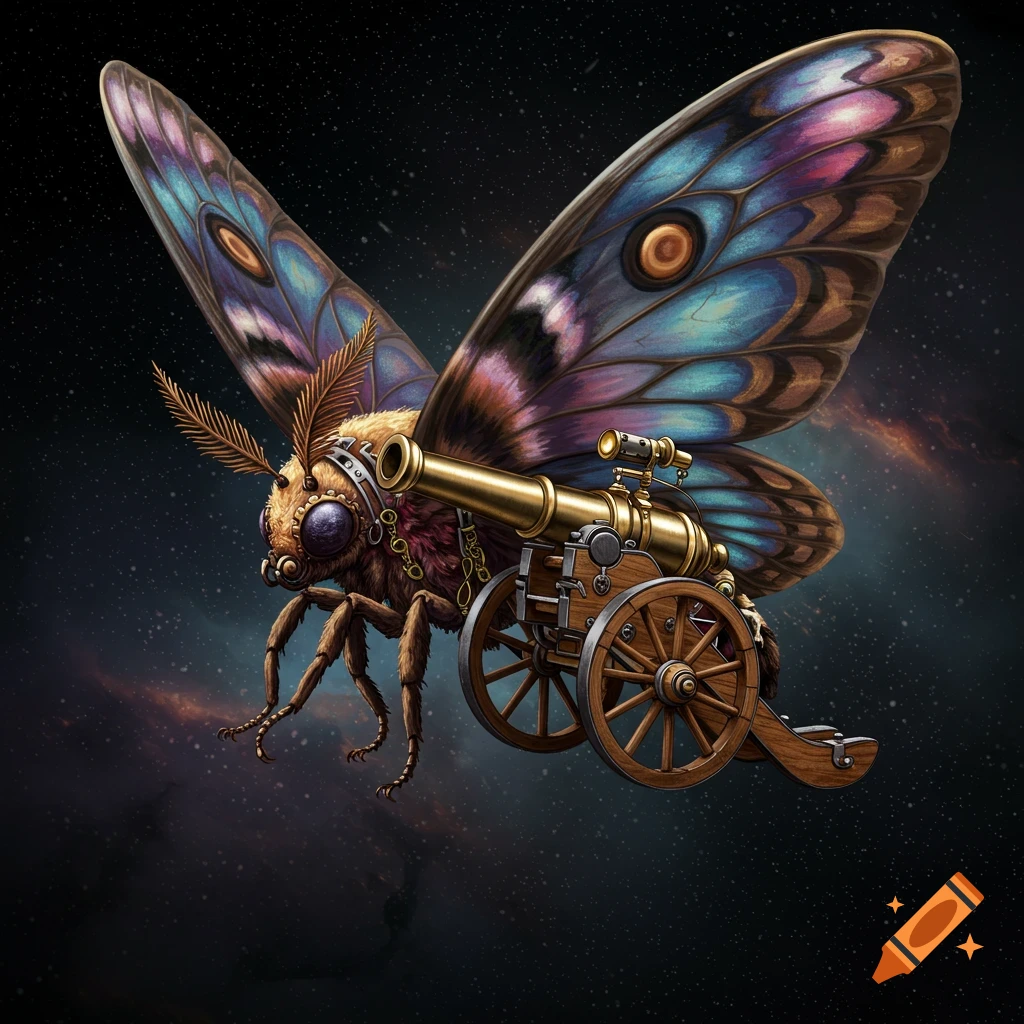A moth with large colorful wings carries a cannon on its back while ...