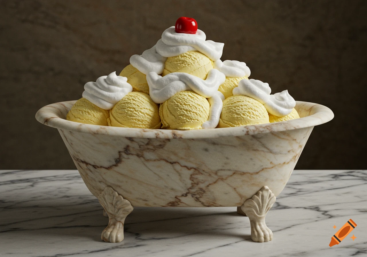 Photorealistic still life of ice cream in a marble bathtub on Craiyon