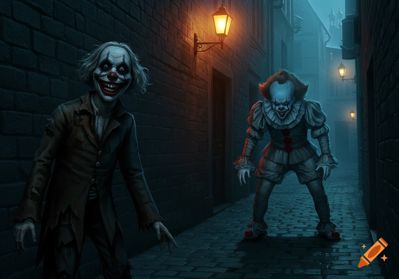 Two scary clowns stand in a dark cobblestone alley lit by street lamps ...