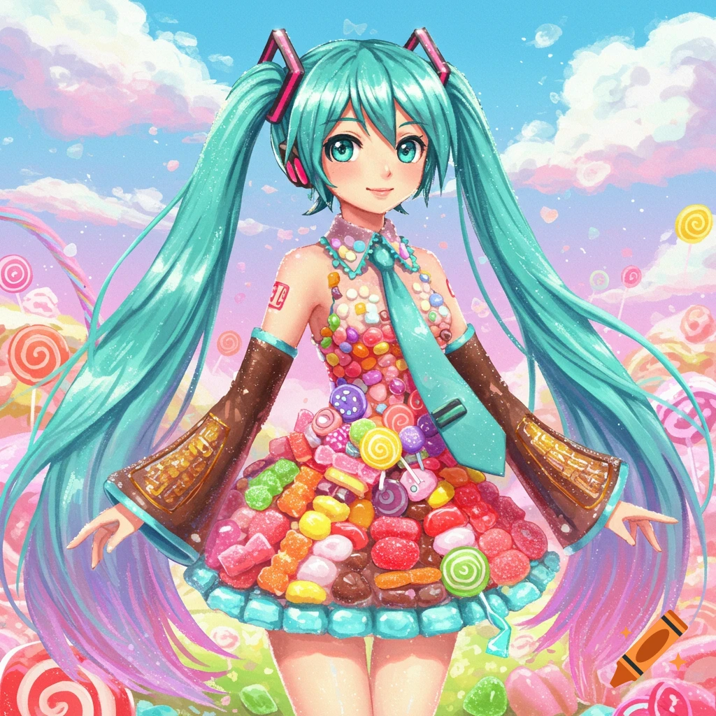 Hatsune Miku in a colorful candy dress surrounded by sweets ...