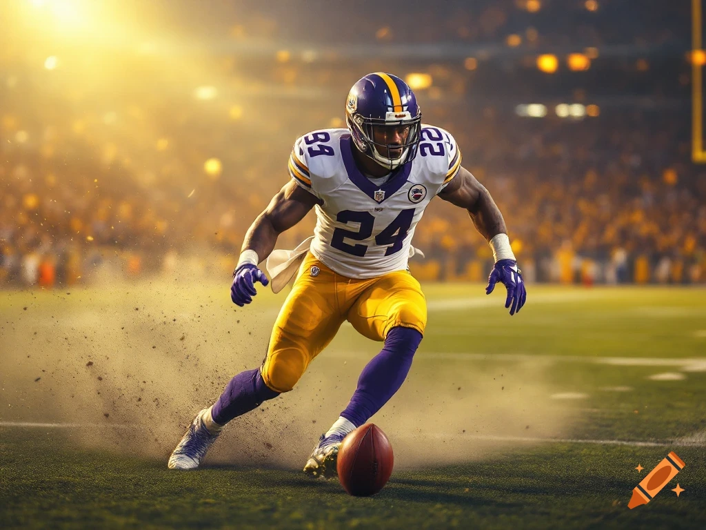 A photorealistic shot of a football player running with the ball on the ...