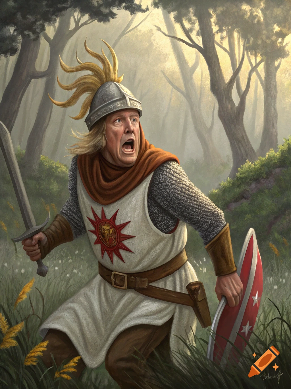 Painting of a knight in a forest, running and yelling, holding a sword ...