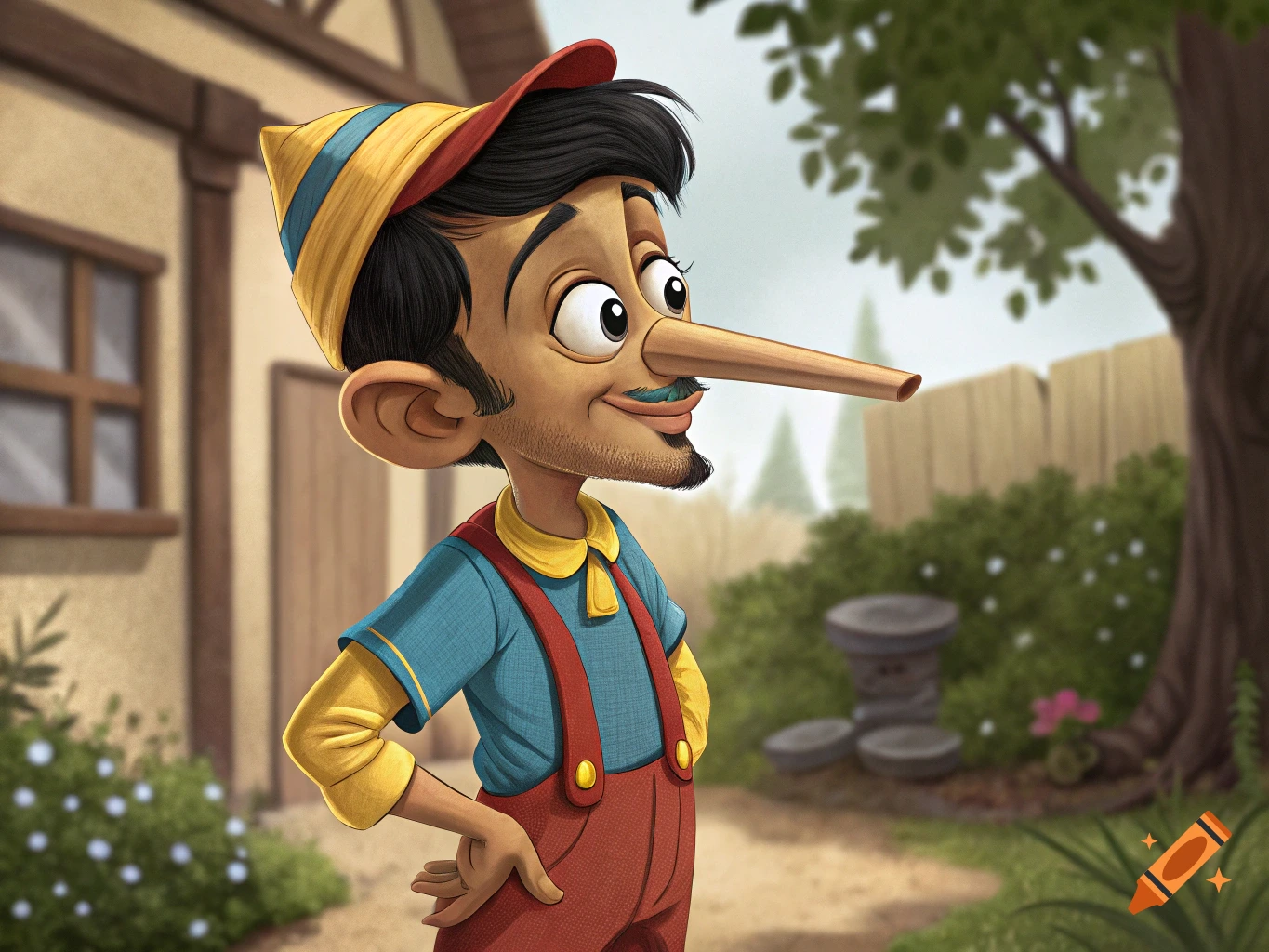 Cartoon character resembling Pinocchio with a long nose, wearing a cap, blue shirt, and red ...