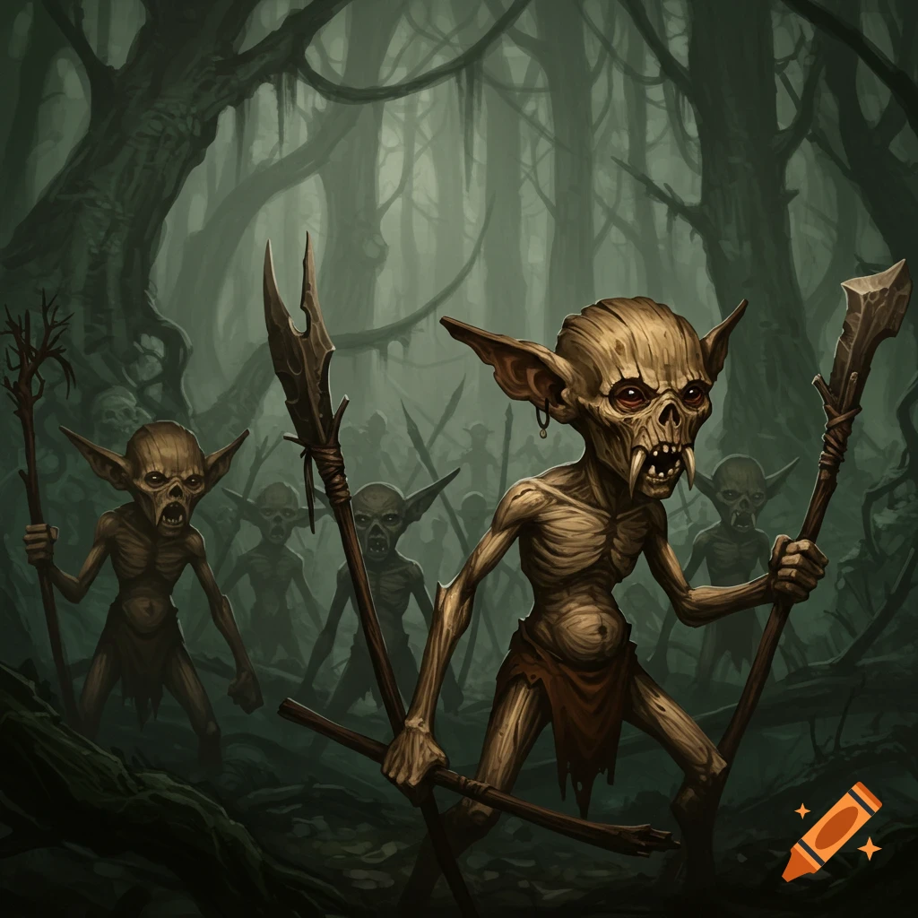 Dark fantasy illustration of creepy goblin-like creatures with spears ...