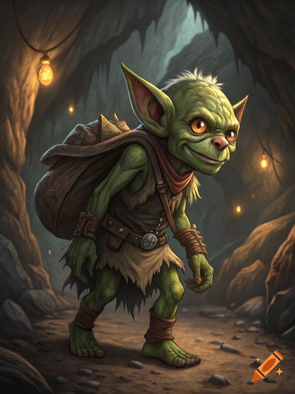 A cartoon-like goblin with a large sack on its back walks through a ...